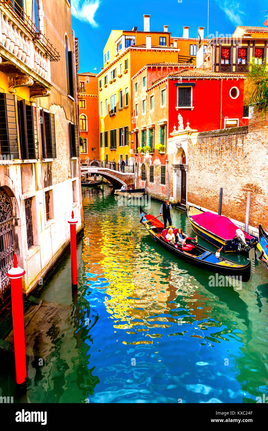 Gondola Tourists Colorful Small Canal Bridge Buildings Boats ...
