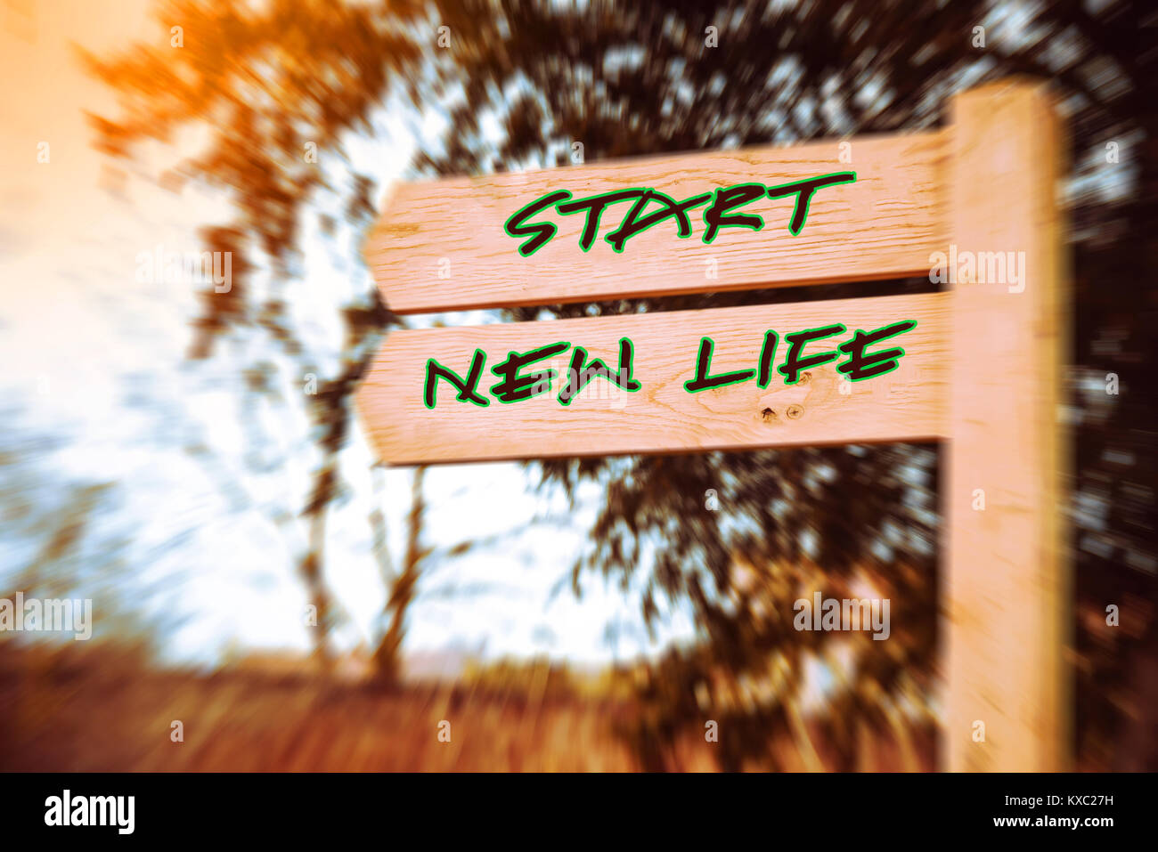 Wooden signpost with two arrows over speed effect backgroun, Start new ...