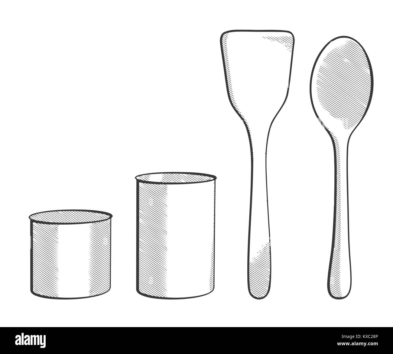 Hand drawn modern spoons and mugs. Engraved style vector illustration ...