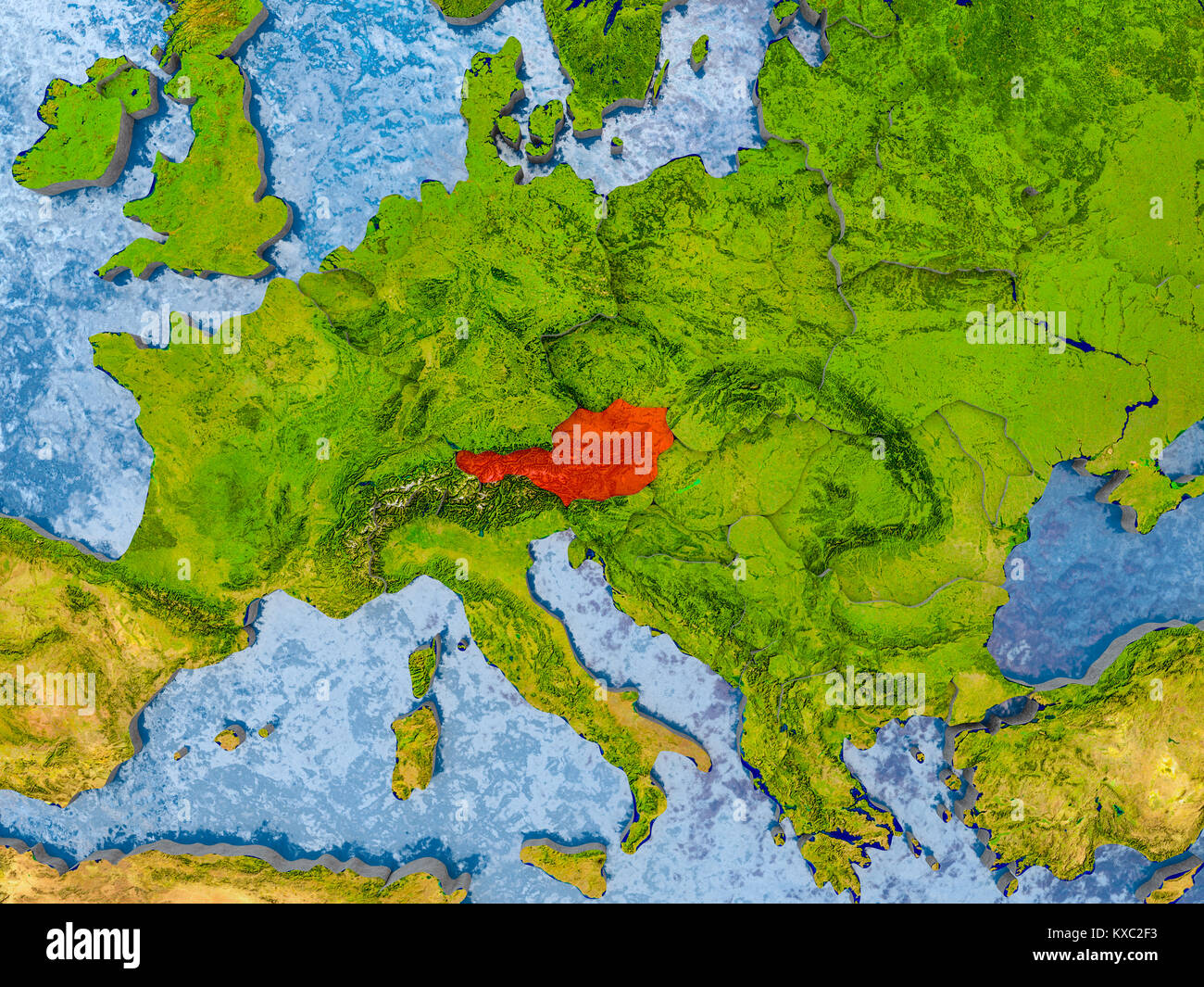 Austria in red on realistic map with embossed countries. 3D ...