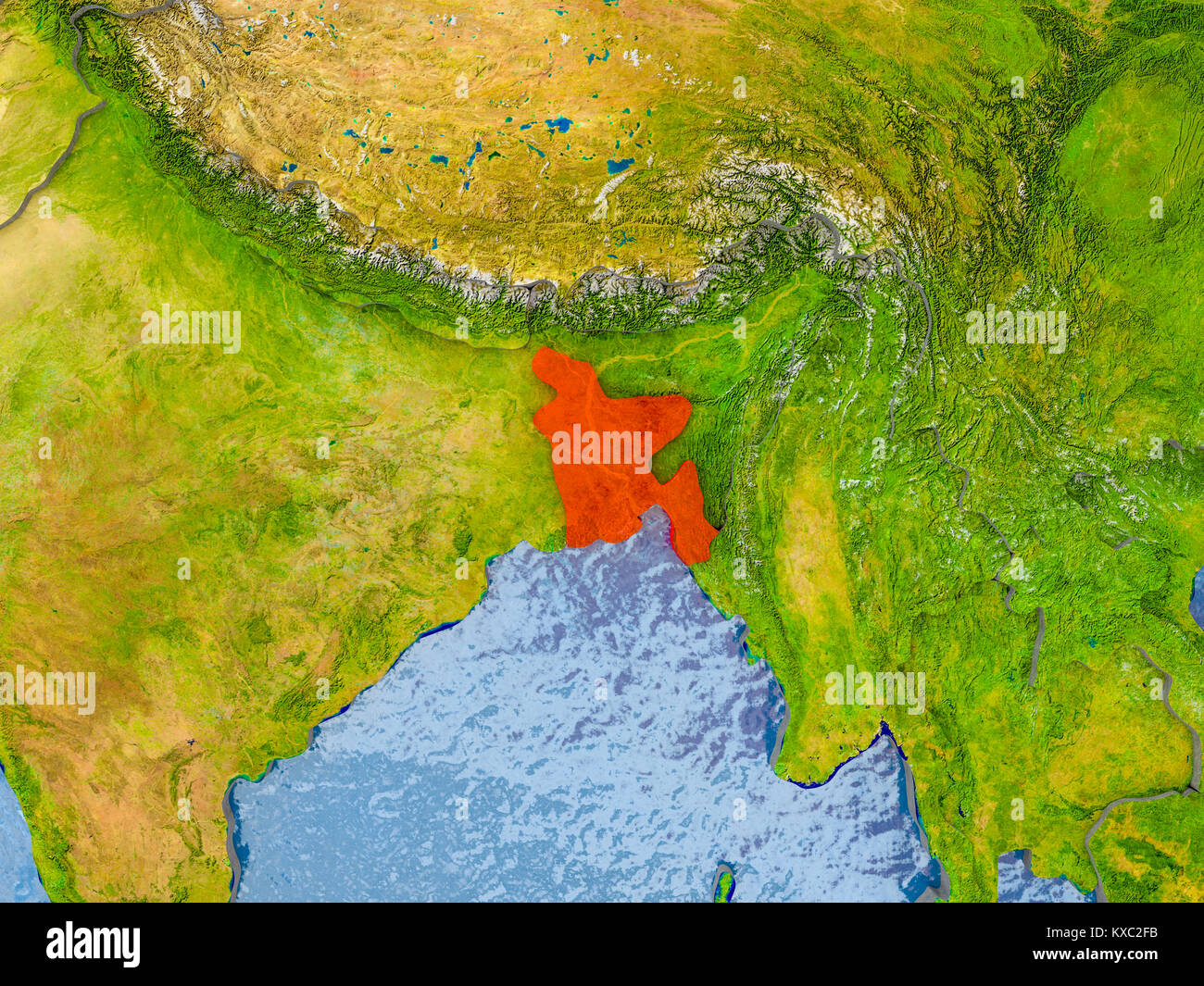Bangladesh in red on realistic map with embossed countries. 3D ...