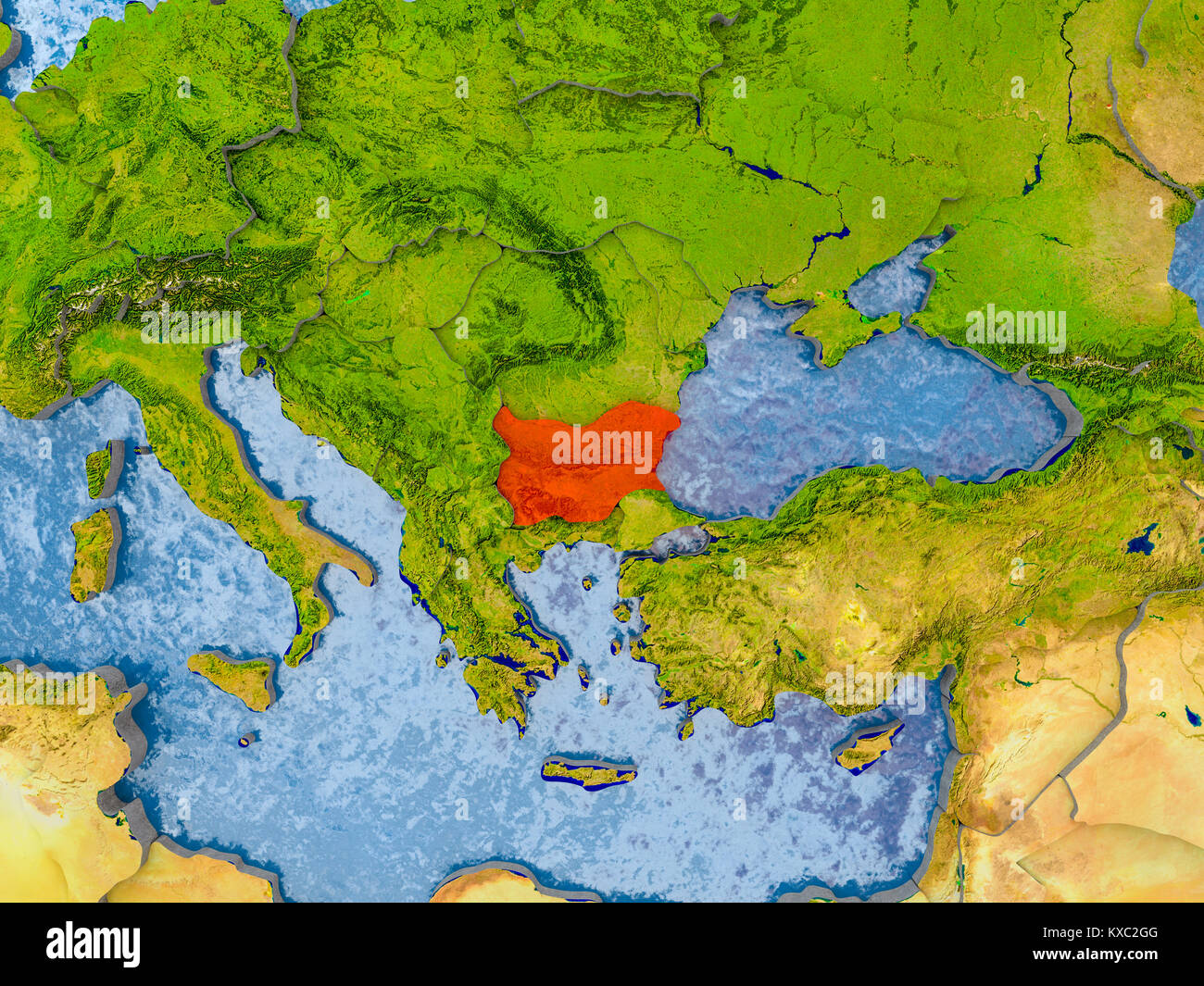 Bulgaria in red on realistic map with embossed countries. 3D ...