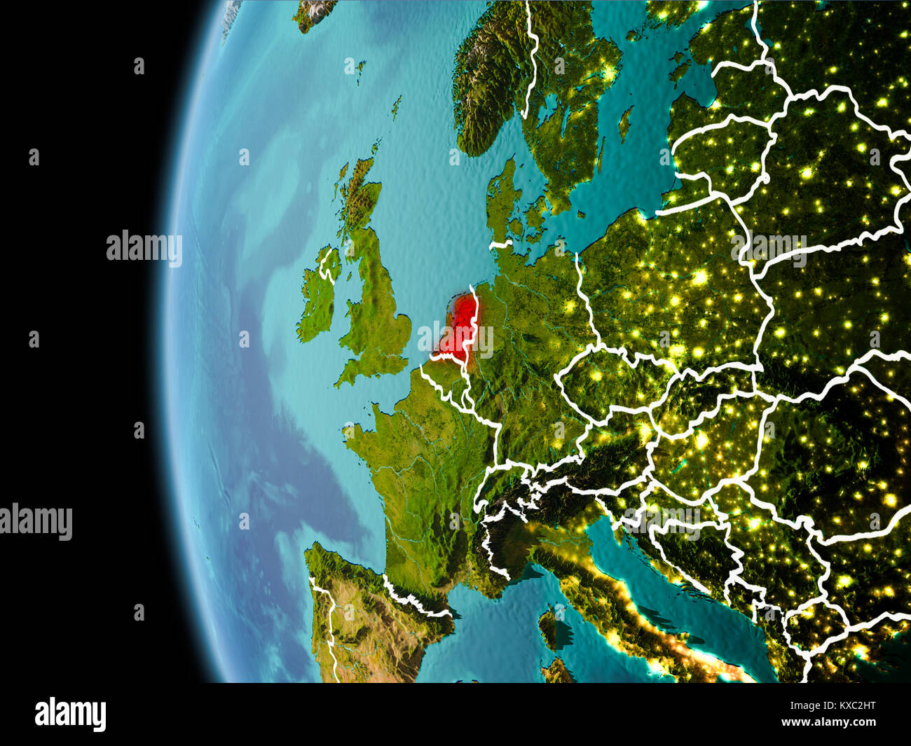 Evening over Netherlands as seen from space on planet Earth with ...