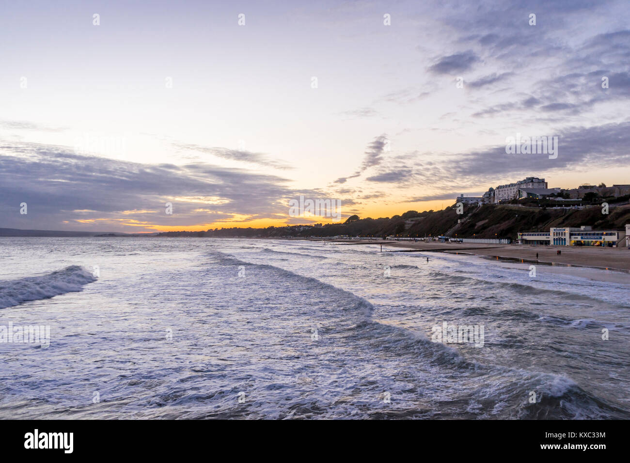 Bournemouth beach seafront during a spectacular sunset January 2018 ...