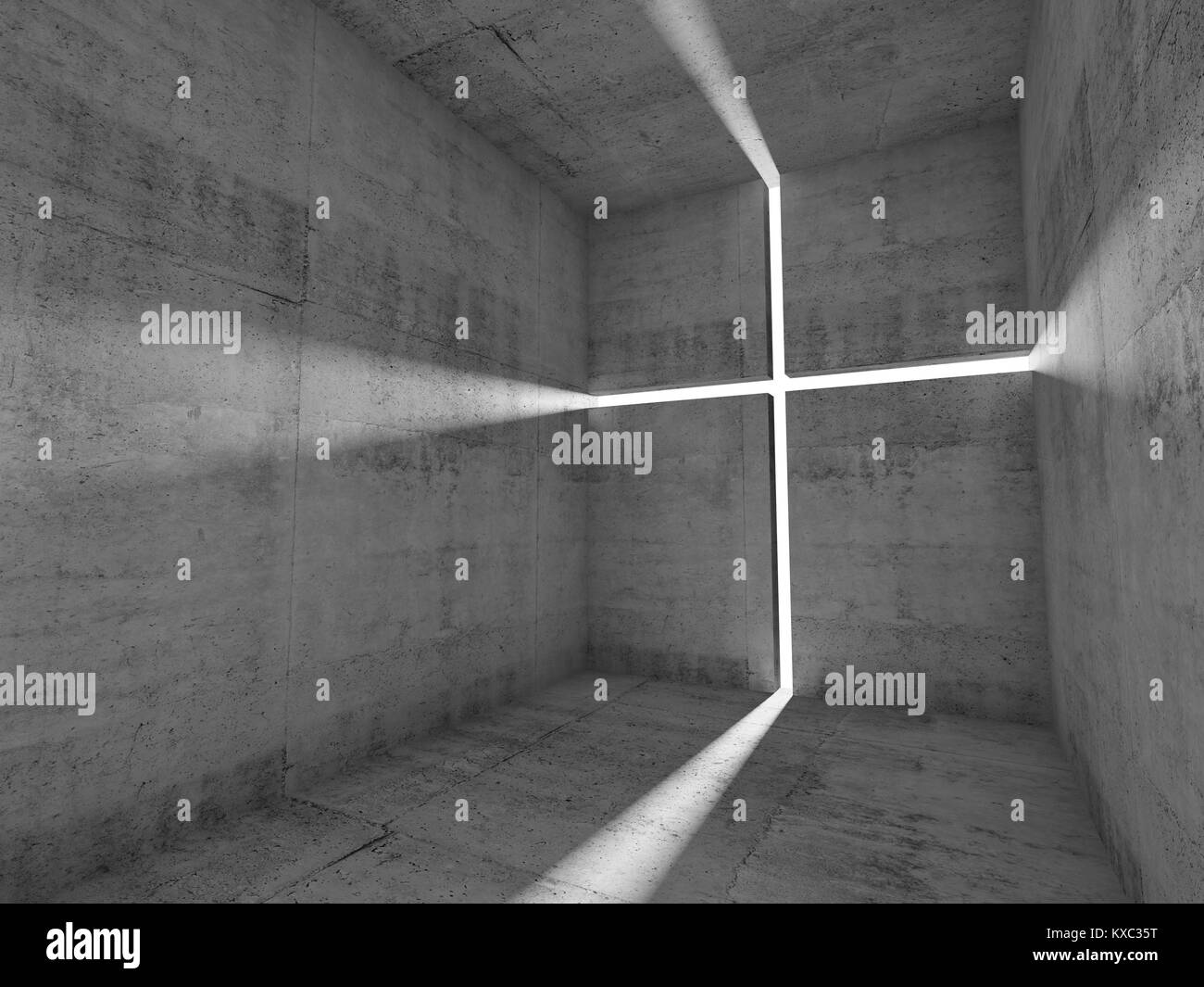 Abstract empty concrete interior, lighting cross on wall, Christianity ...