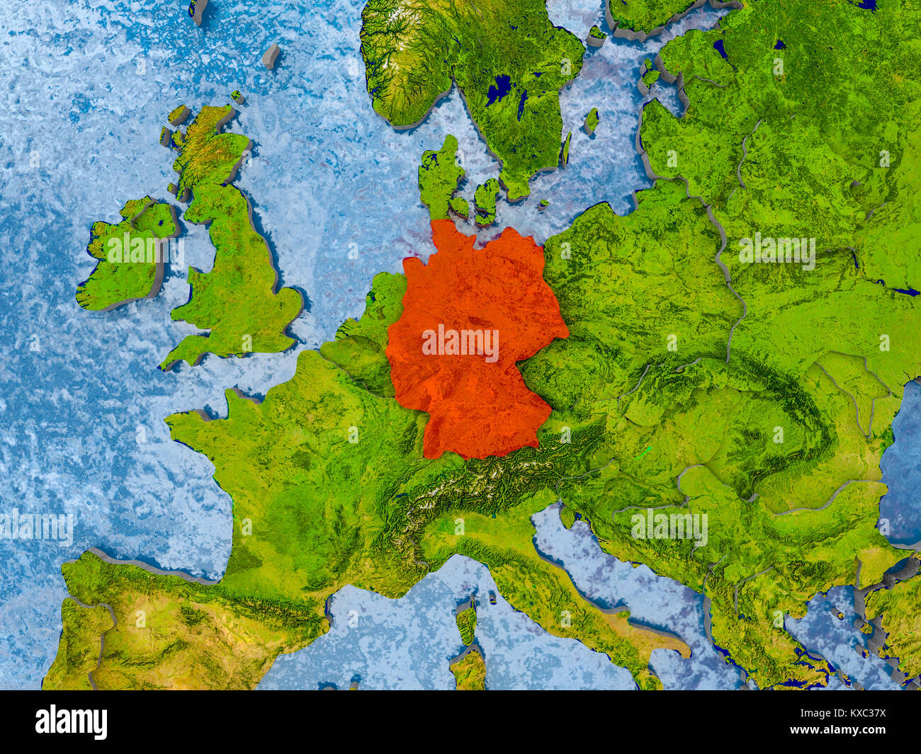 Germany in red on realistic map with embossed countries. 3D ...