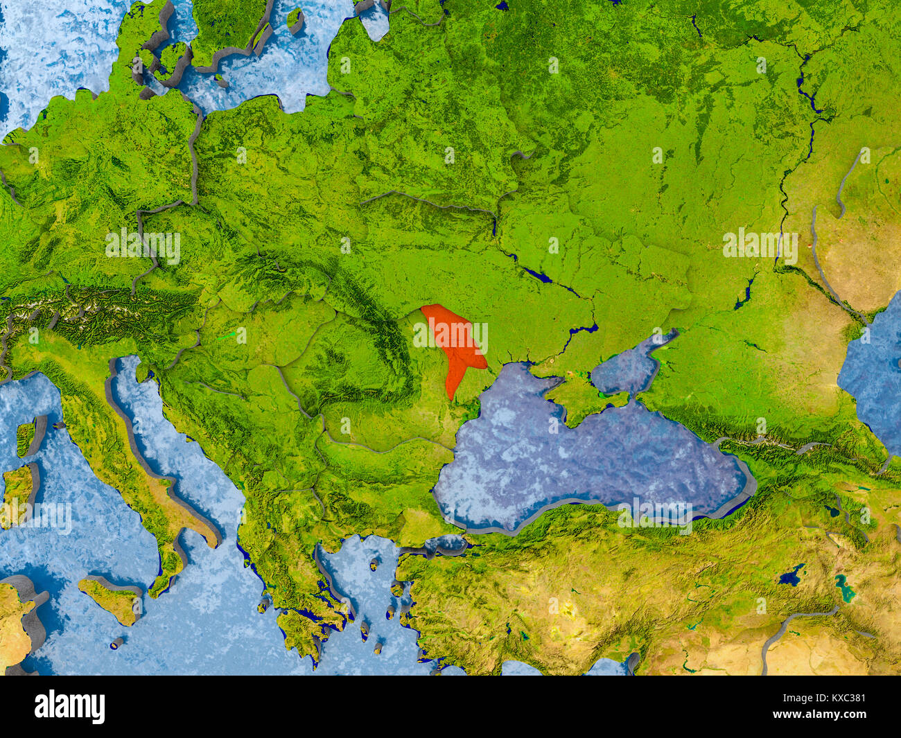 Moldova in red on realistic map with embossed countries. 3D ...