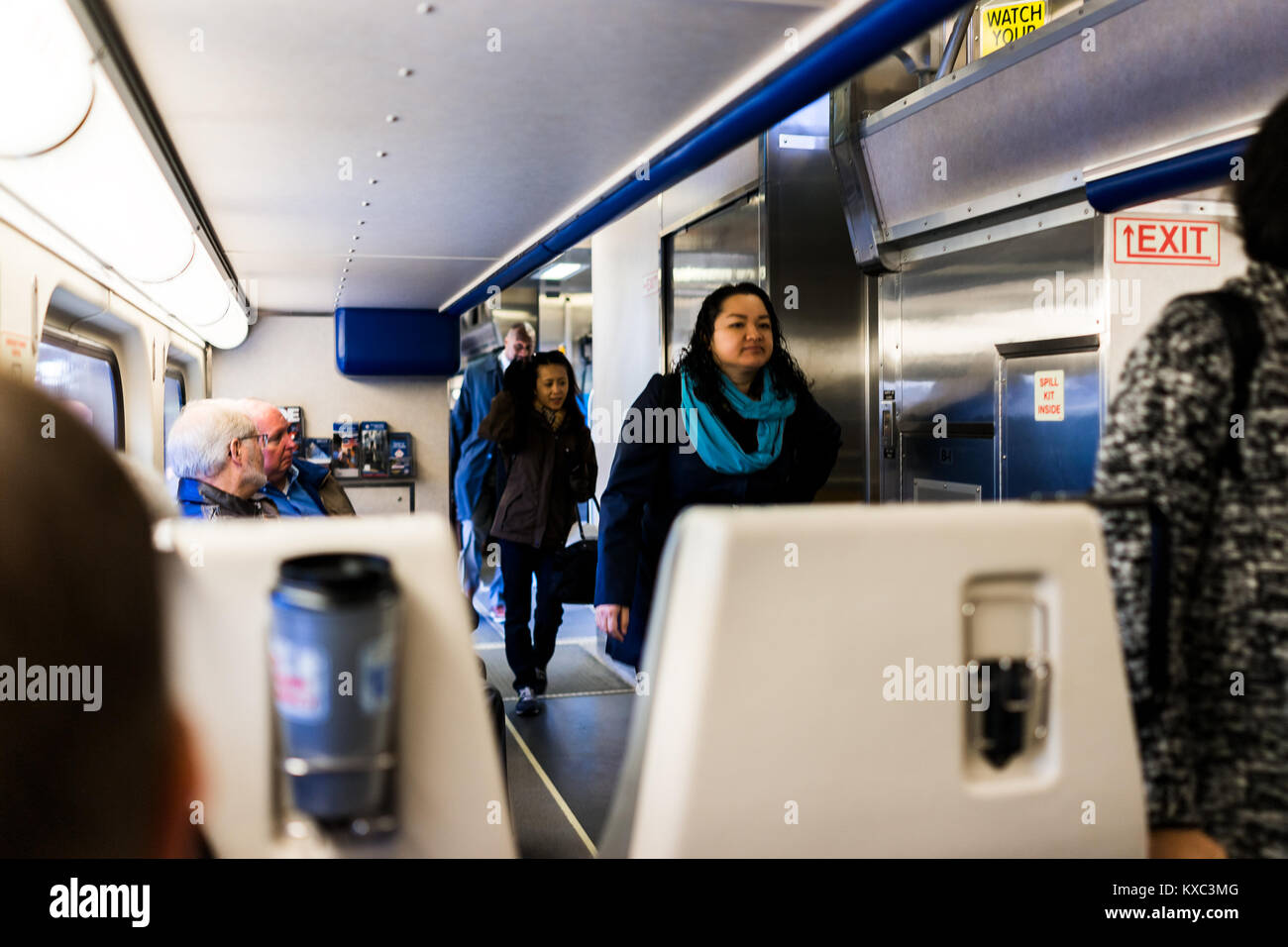 Burke, USA - October 27, 2017: People inside VRE train to Washington DC ...