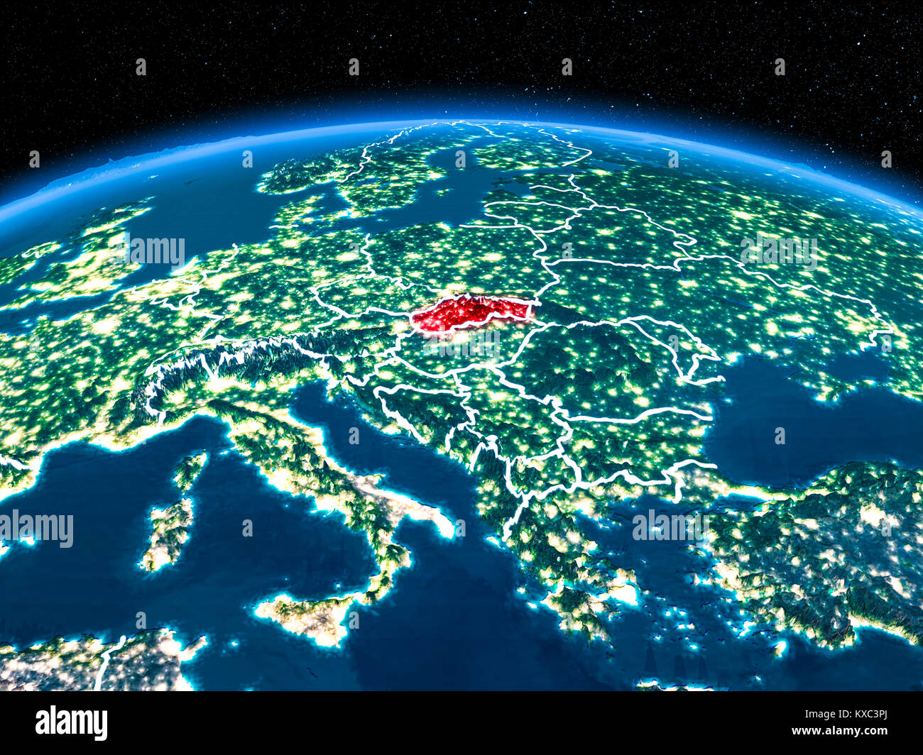 Orbit view of Slovakia highlighted in red with visible borderlines and city lights on planet ...