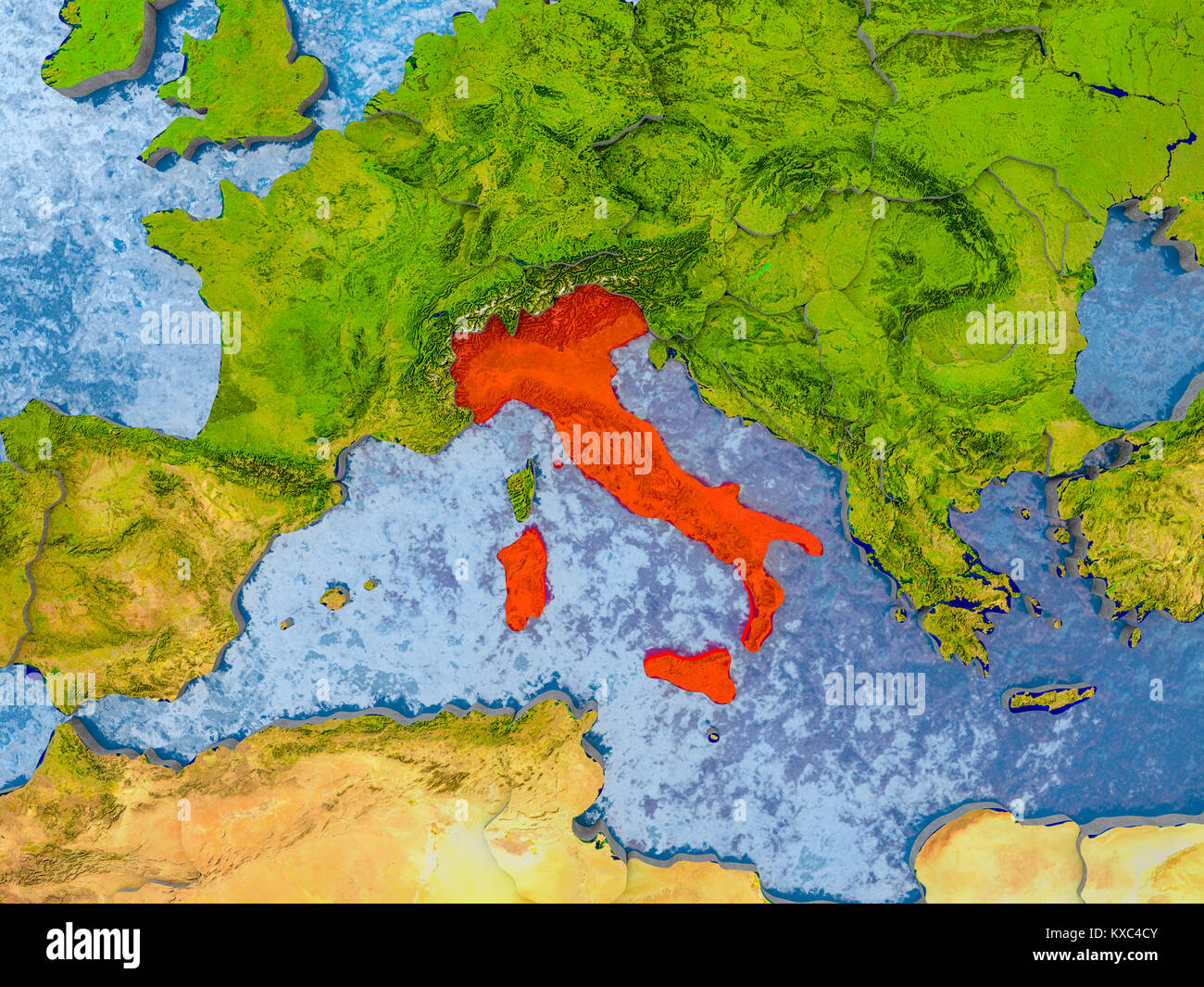 Italy in red on realistic map with embossed countries. 3D illustration ...