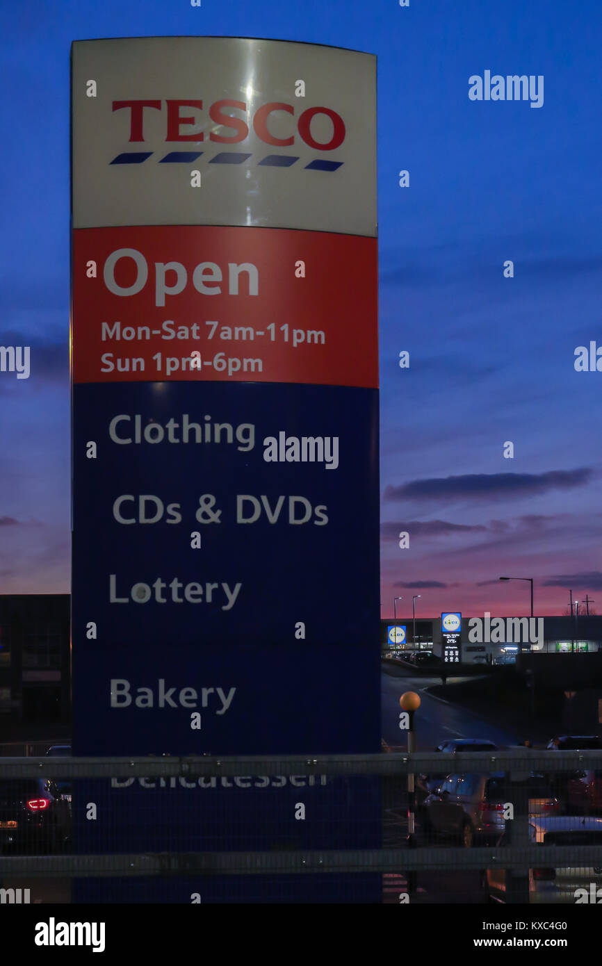 Tesco store and Tesco sign at Tesco Supermarket in United Kingdom Stock ...