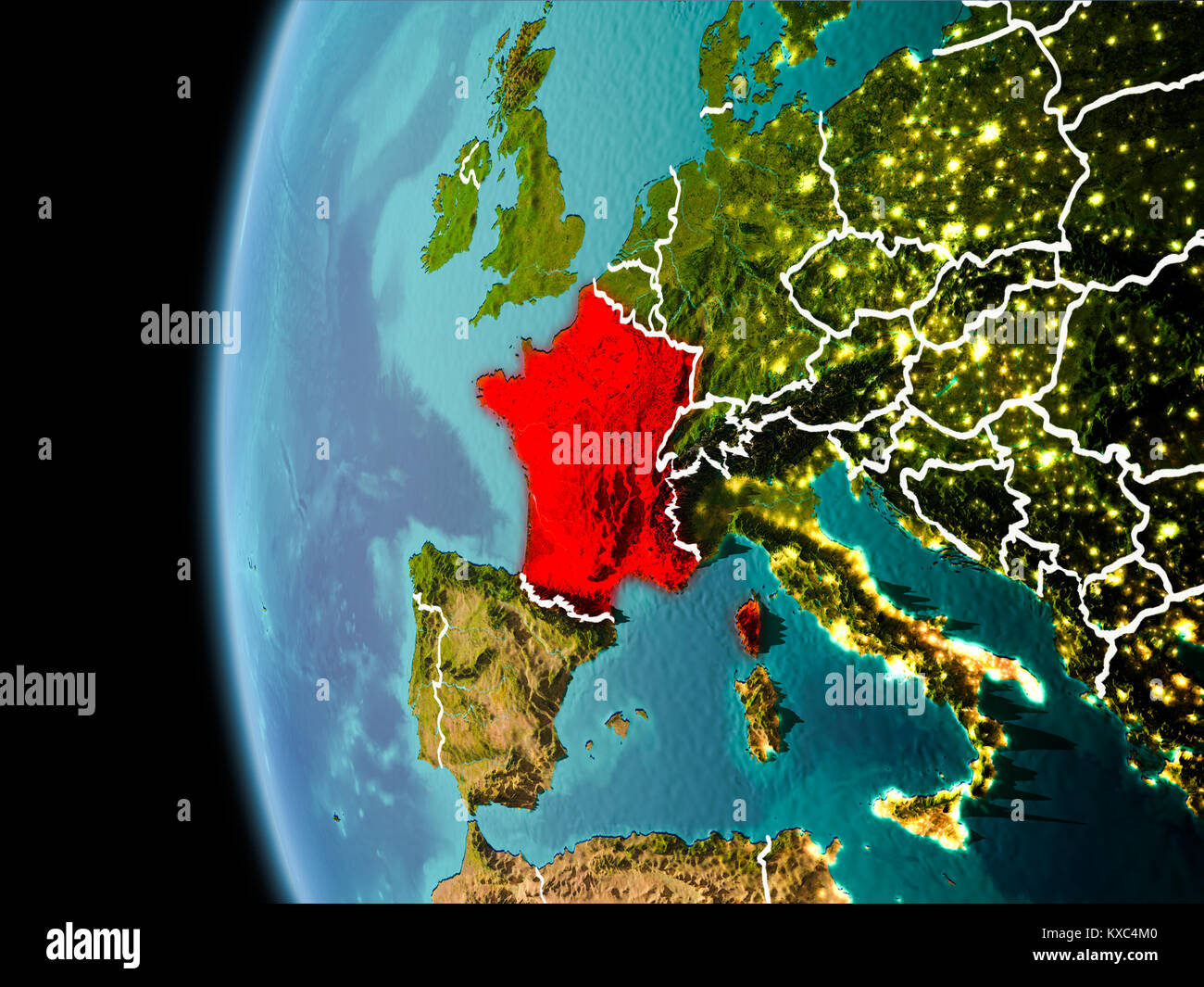 Evening over France as seen from space on planet Earth with visible ...