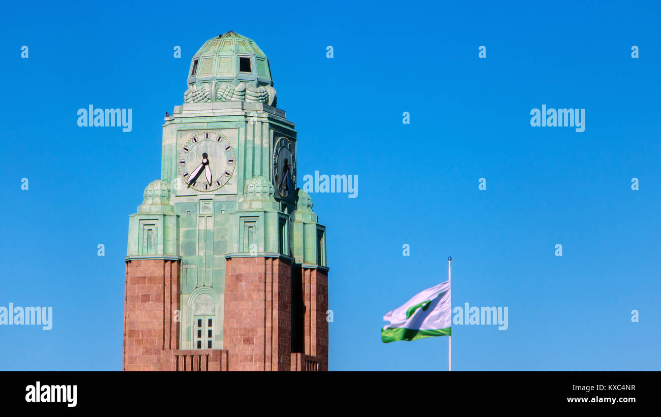 FINLAND, HELSINKI, JUL 02 2017, Clock tower of Helsinki central railway ...