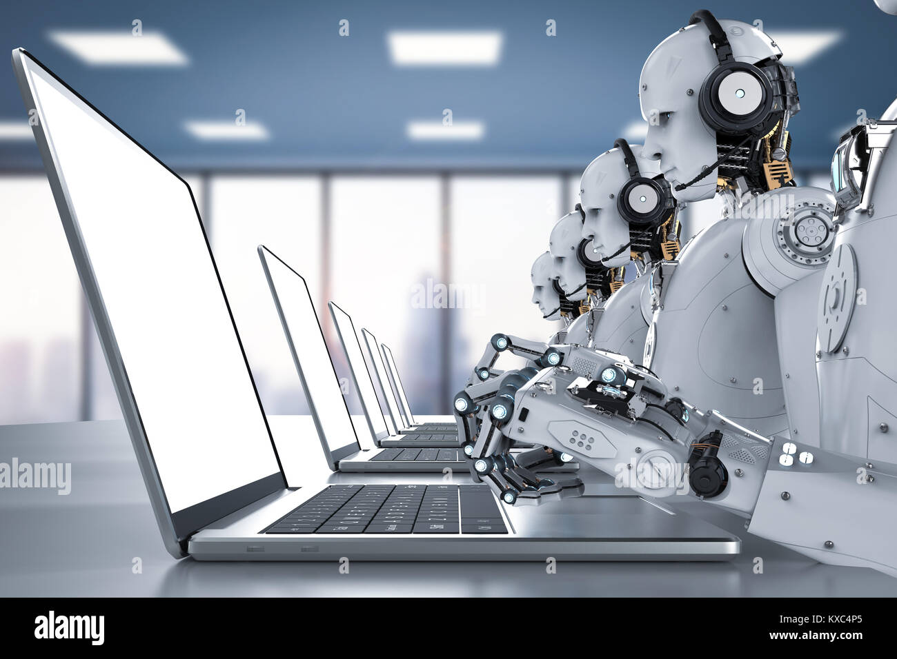 3d rendering humanoid robots working with headset and notebook Stock Photo - Alamy