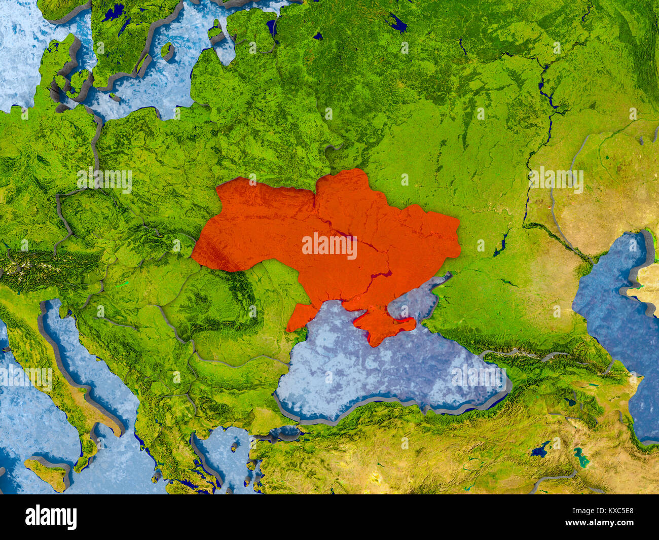 Ukraine in red on realistic map with embossed countries. 3D ...