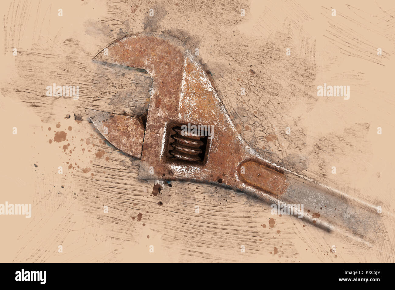 Big, old, rusty adjustable spanner. The picture is taken with use of ...