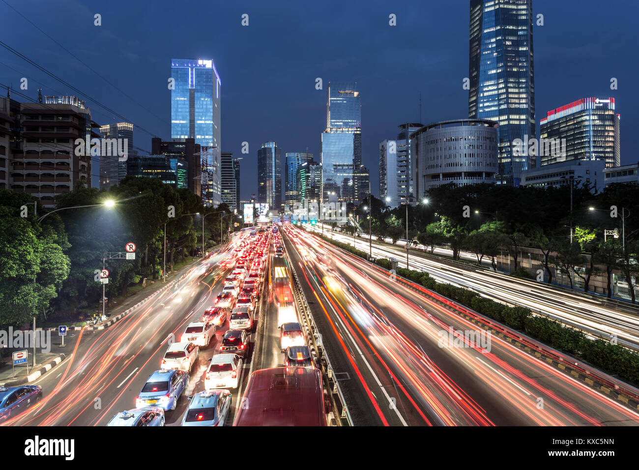 Light trails from heavy traffic along the Gatot Subroto highway in the ...