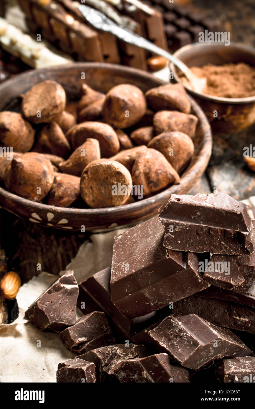 Different types of chocolate, cocoa powder and pieces of dark chocolate ...