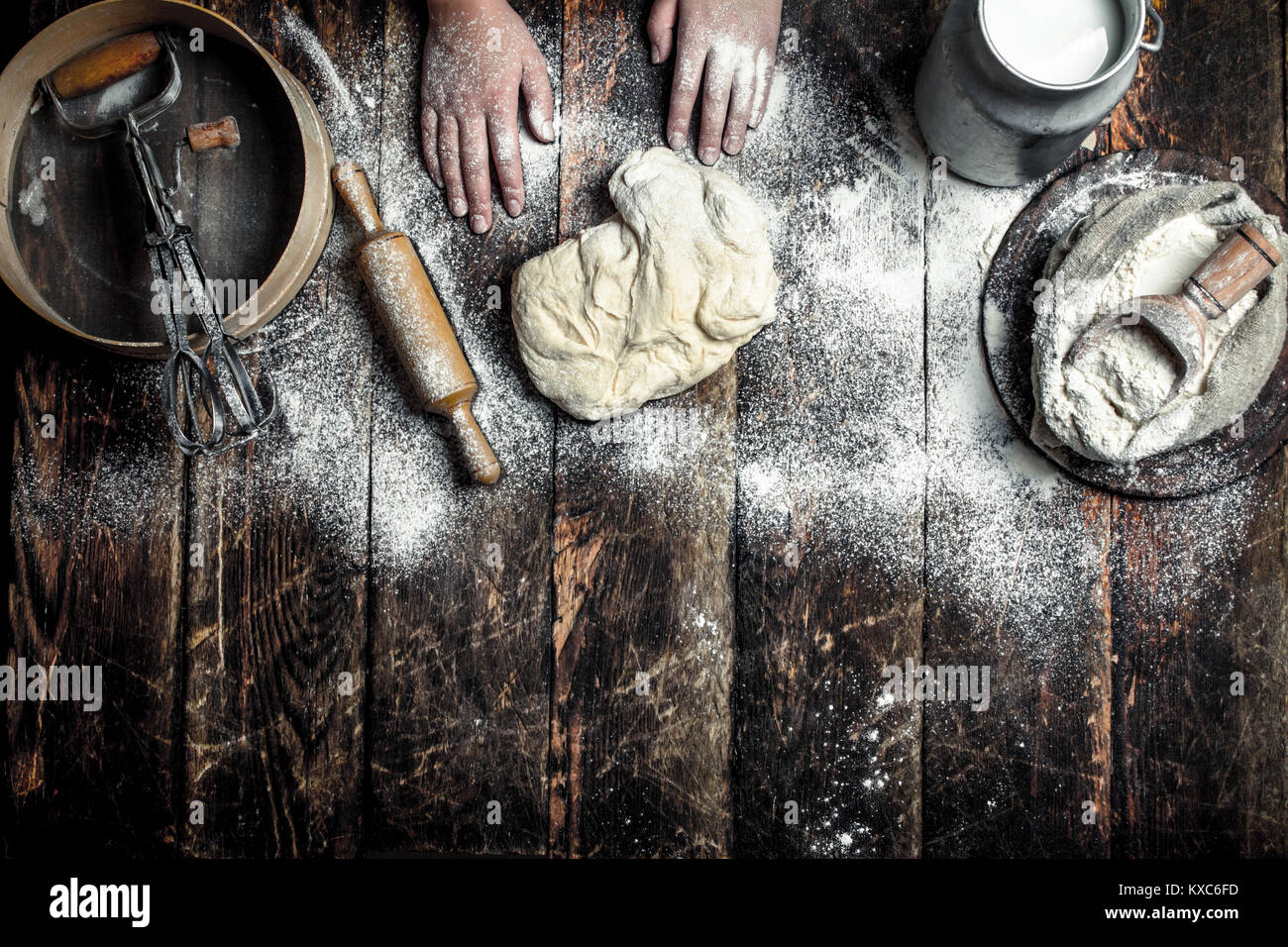 Dough background. Preparation of the dough with the ingredients. On the ...