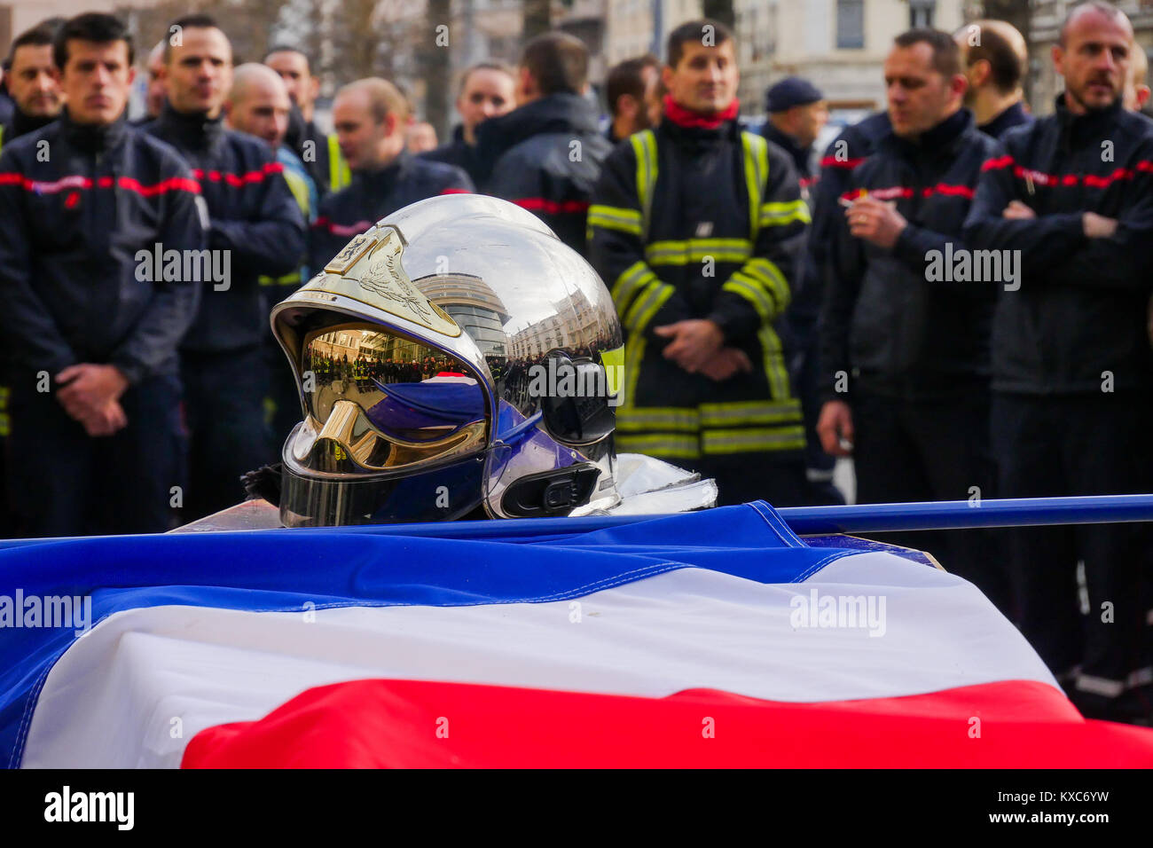 Firemen protest violences to them and lax justice, Lyon, France Stock ...
