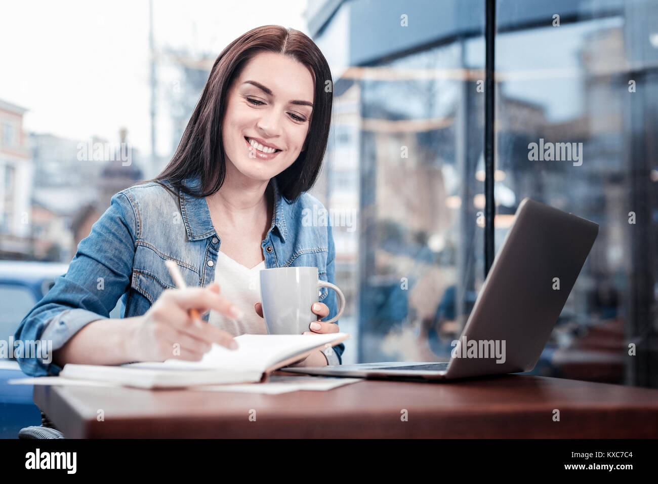 Pleased woman making some notes Stock Photo - Alamy