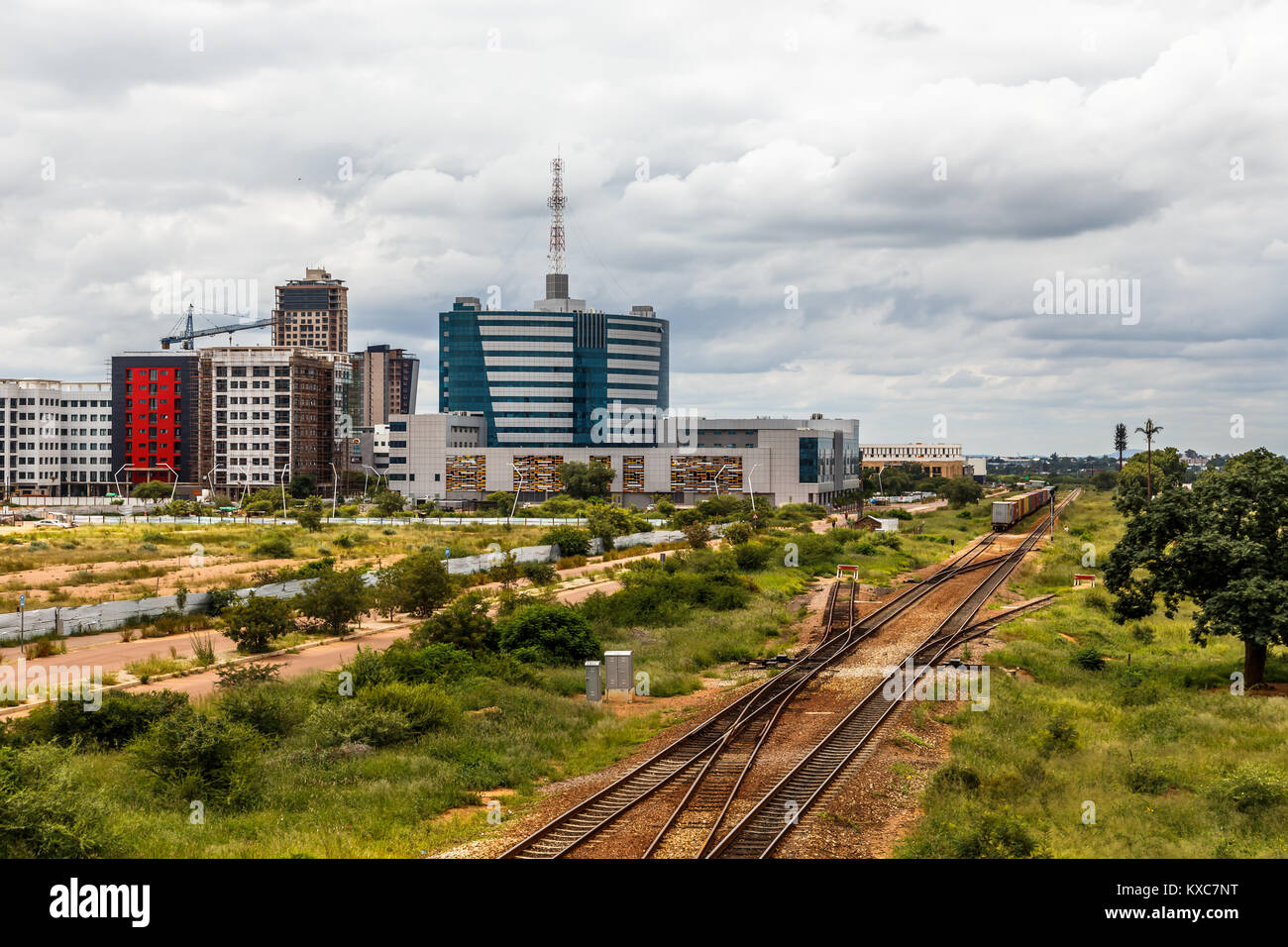 Railroad and rapidly developing central business district, Gaborone ...