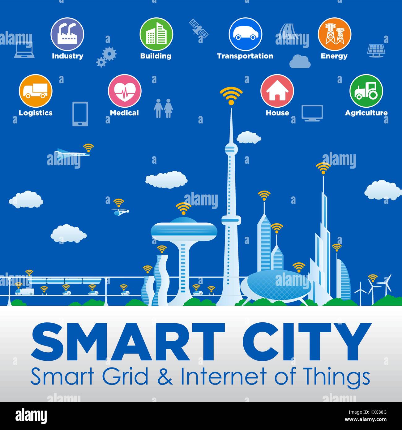 smart city conceptual illustration with various technological icons ...