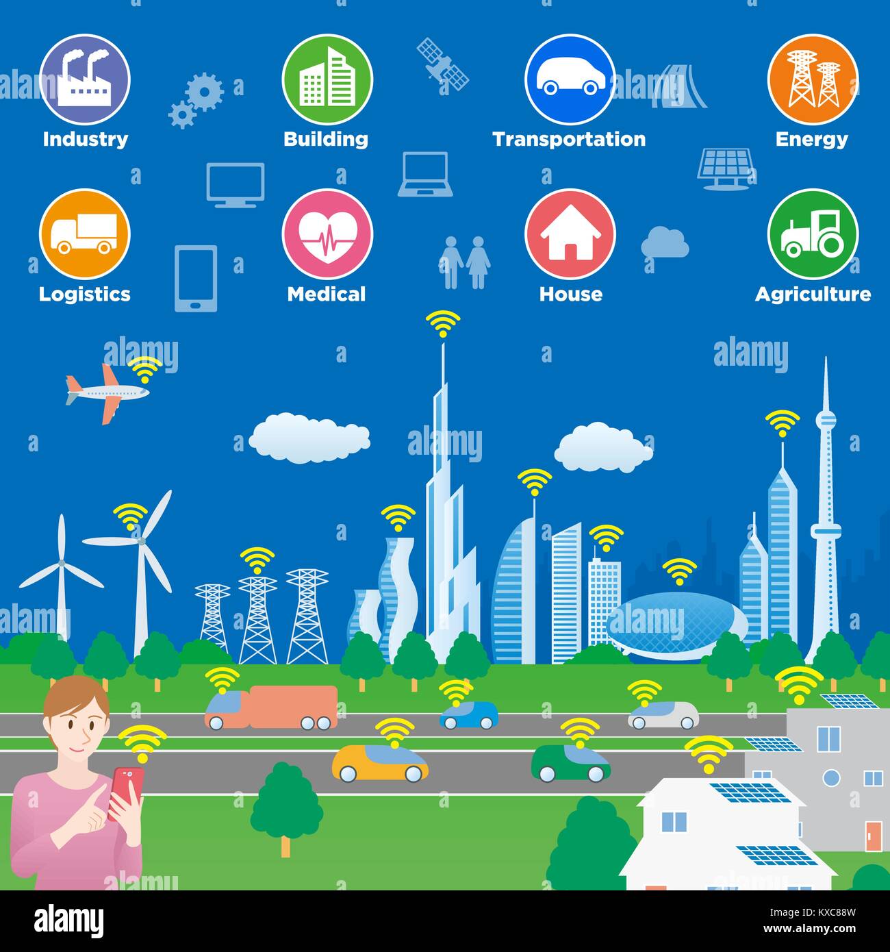 smart city conceptual illustration with various technological icons ...