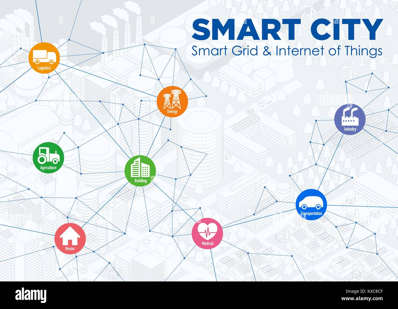 smart city line drawing illustration with various technological icons ...