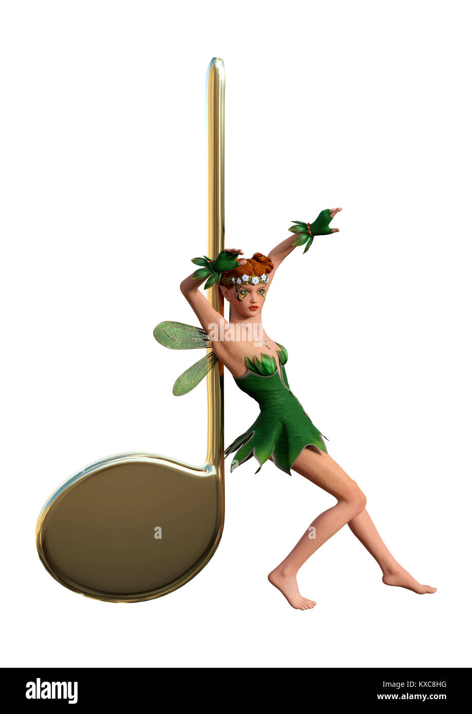 3D rendering of a green fairy with a music note isolated on white ...