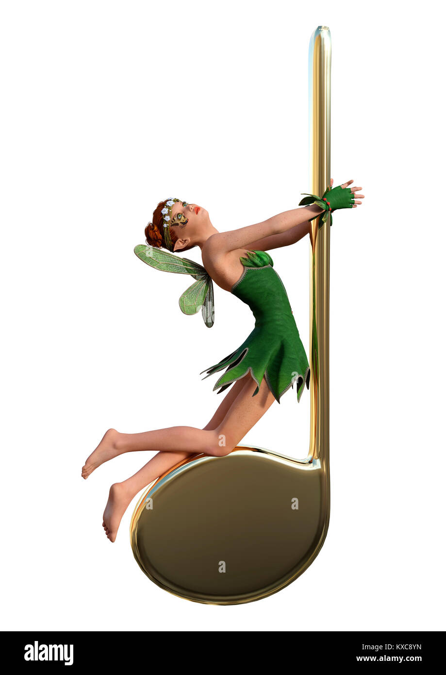 3D rendering of a green fairy with a music note isolated on white ...