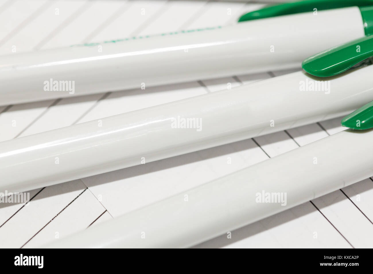 office work, chancellery, business concept. close up of three writing ...