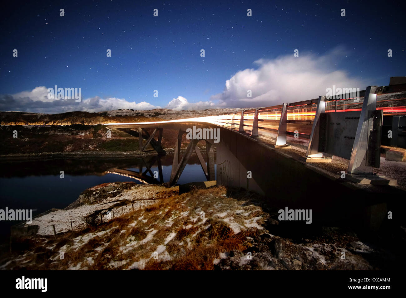Car light trails cross the Kylesku bridge to Kylestrome Stock Photo - Alamy
