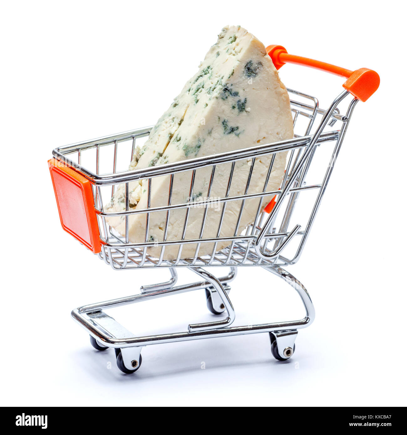 blue cheese in shopping cart on a white background Stock Photo - Alamy