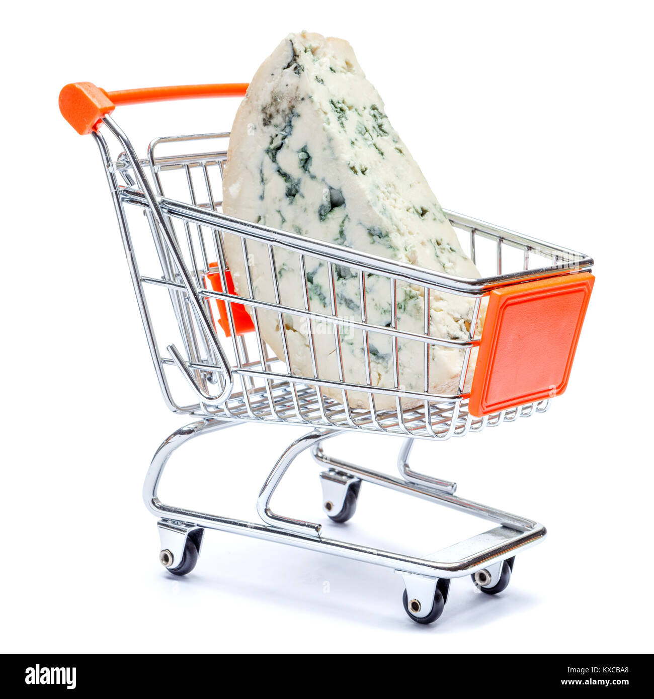 blue cheese in shopping cart on a white background Stock Photo - Alamy