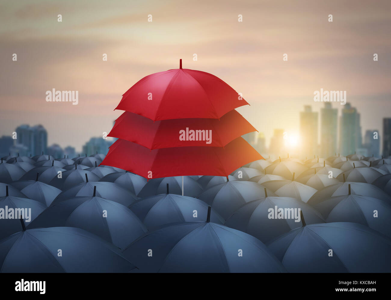 unique concept, leadership, uniqueness, red umbrella among grey ...