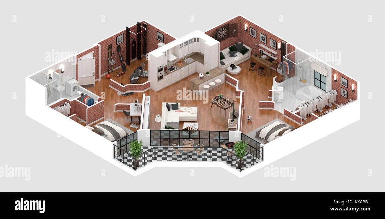 Floor plan of a house top view 3D illustration. Open concept living ...
