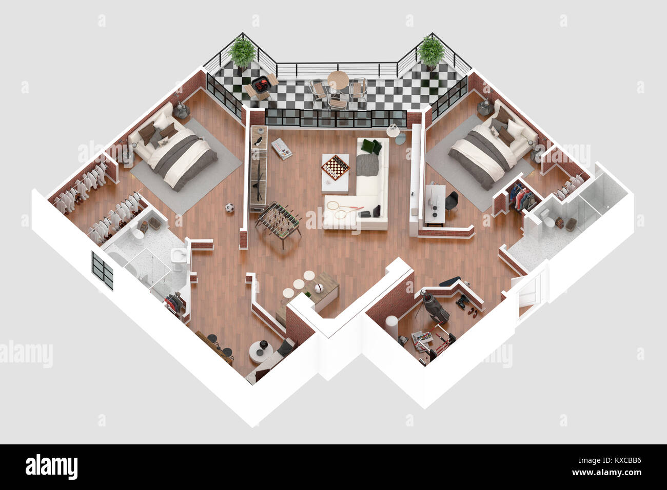 Floor plan of a house top view 3D illustration. Open concept living ...