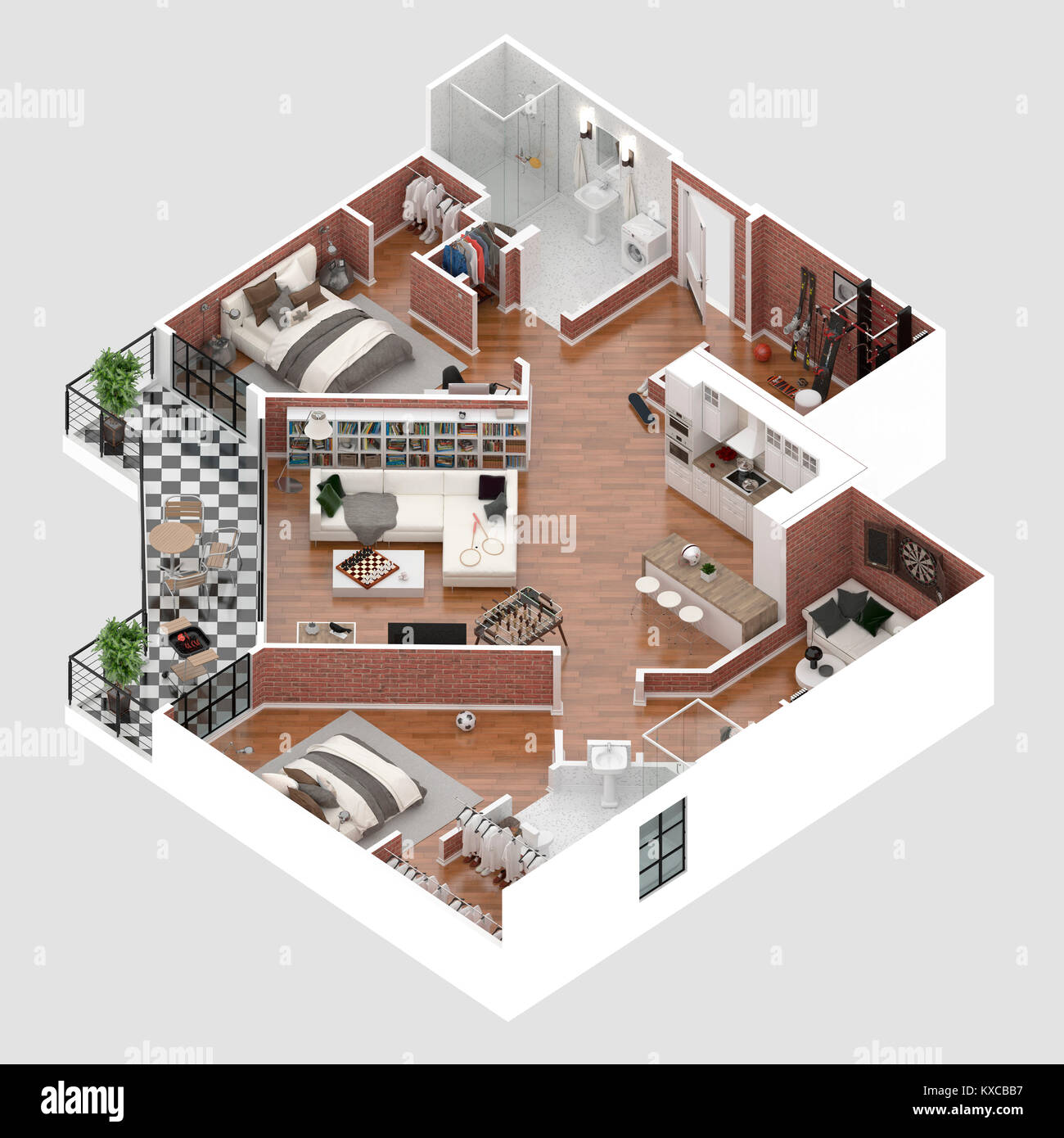 Floor plan of a house top view 3D illustration. Open concept living ...