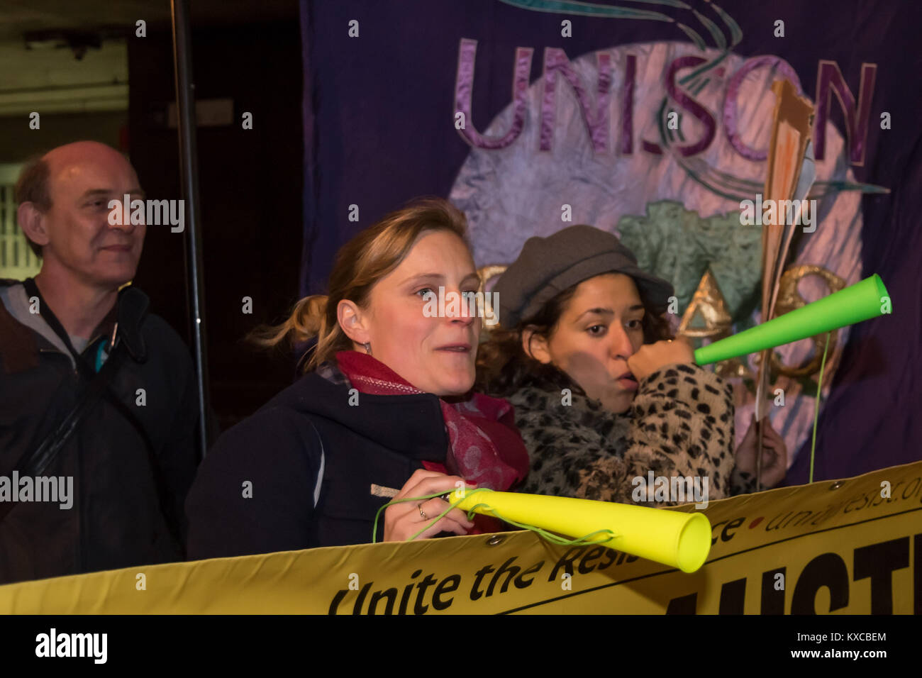 Protesters with plastic horns outside the Barbican Centre at the United ...