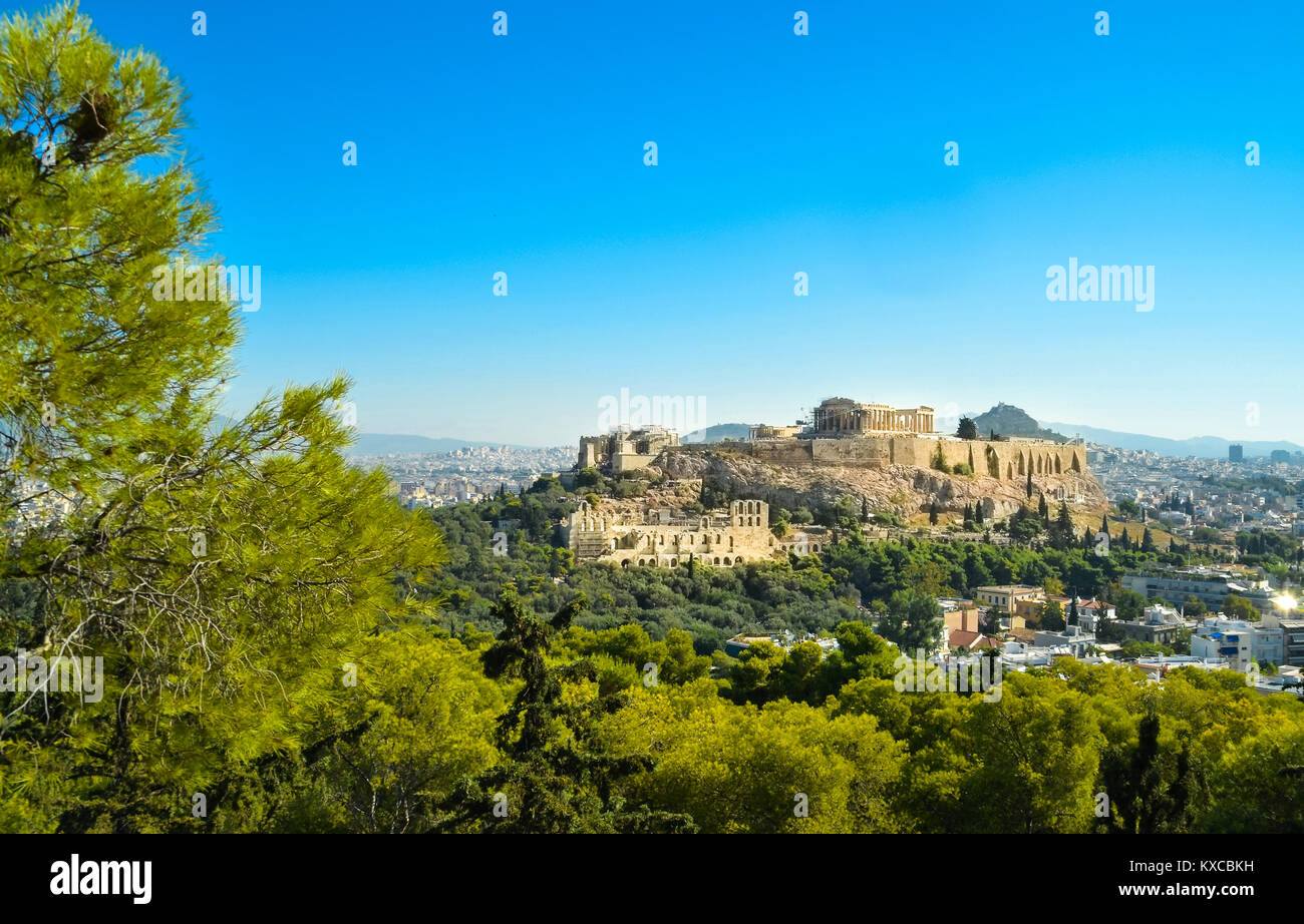 Parthenon acropolis among pine trees Athens Greece Stock Photo - Alamy