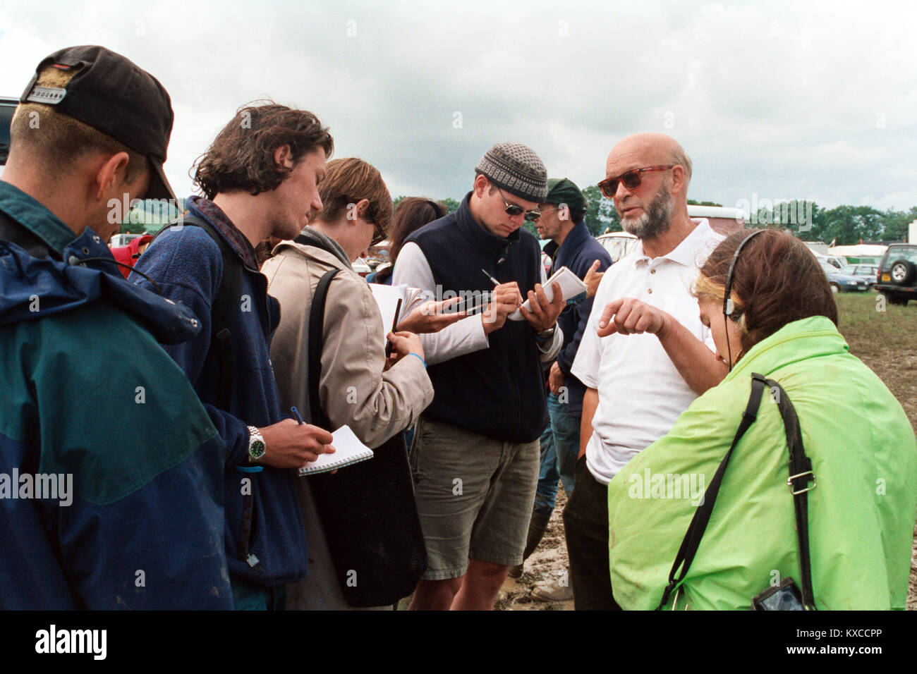 Michael Eavis being interviewed backstage at the Glastonbury festival ...