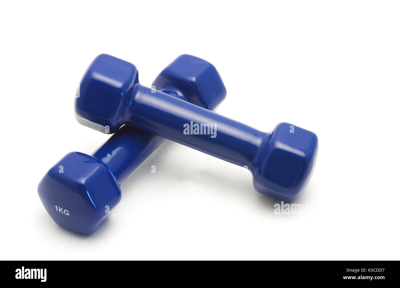 Two blue dumbbells on a white background Stock Photo - Alamy
