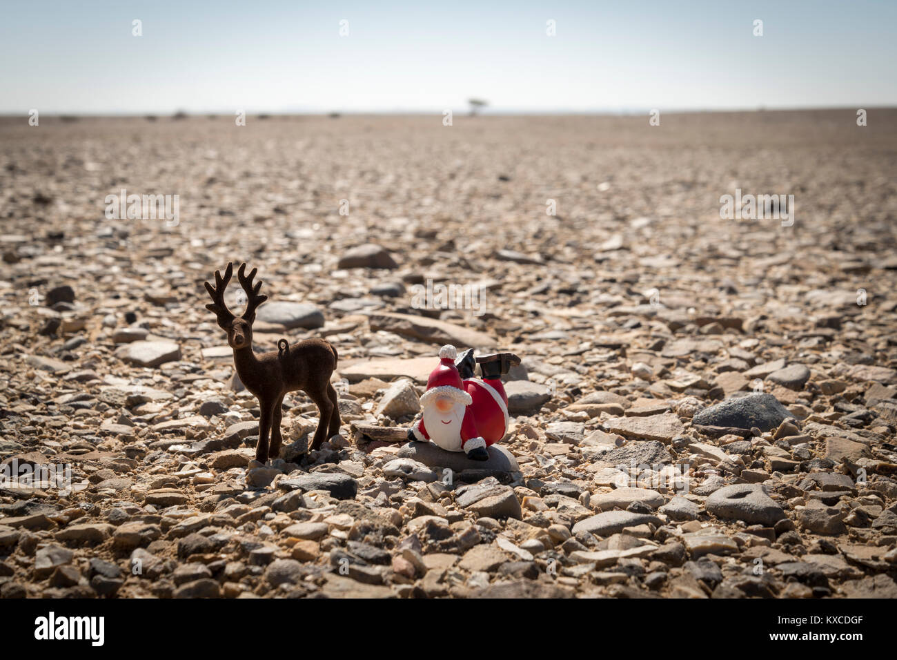 Santa Claus in the desert of rock (erg)with one of his deer enjoying ...