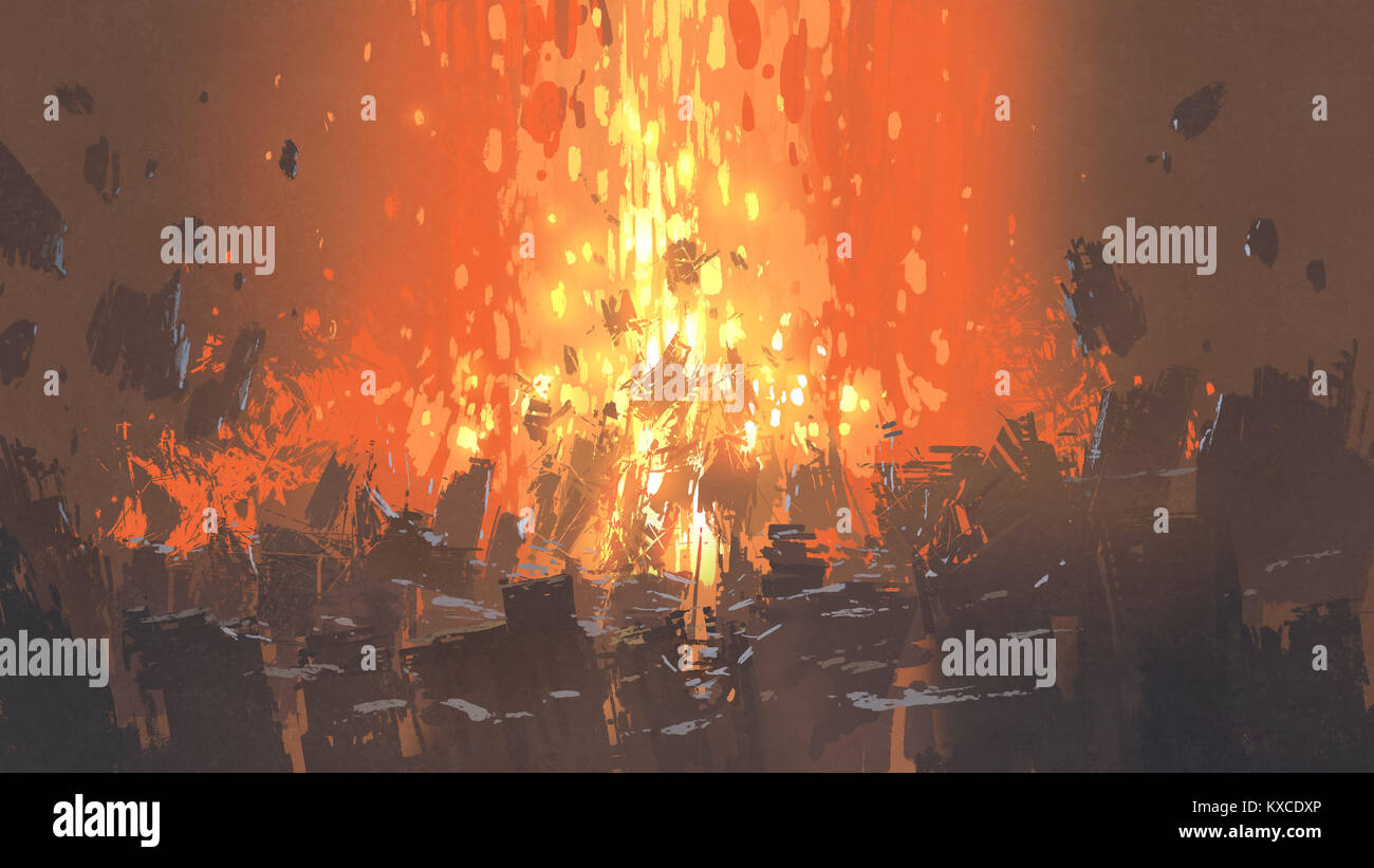 scene of apocalyptic explosion with many fragment of buildings, digital ...
