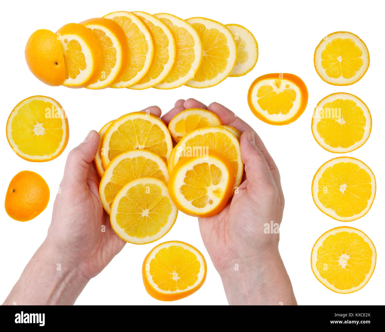 Set of cut on round pieces of orange and hands of an elderly cook ...