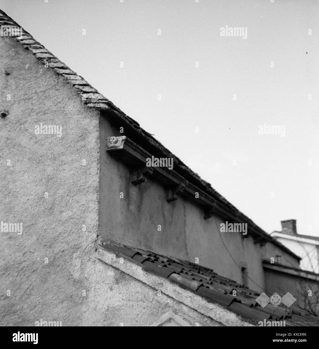A photograph of the stone gutter on the retro facade of Veliki Repen 5 ...