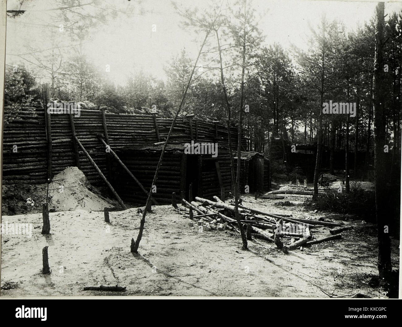 A wartime photograph showing reinforced trench traverses built and clad ...