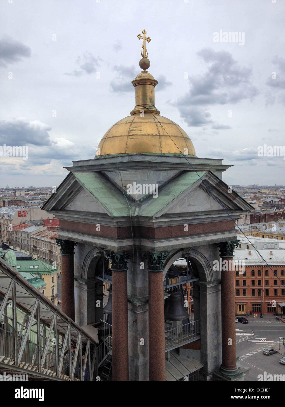 On the rooftop of Saint Isaac's Cathedral, with church bell tower with ...