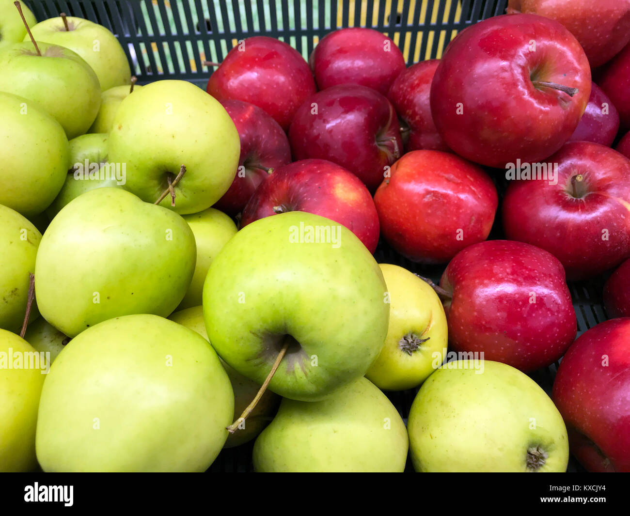 Red and green fresh apples in plastic box Stock Photo - Alamy